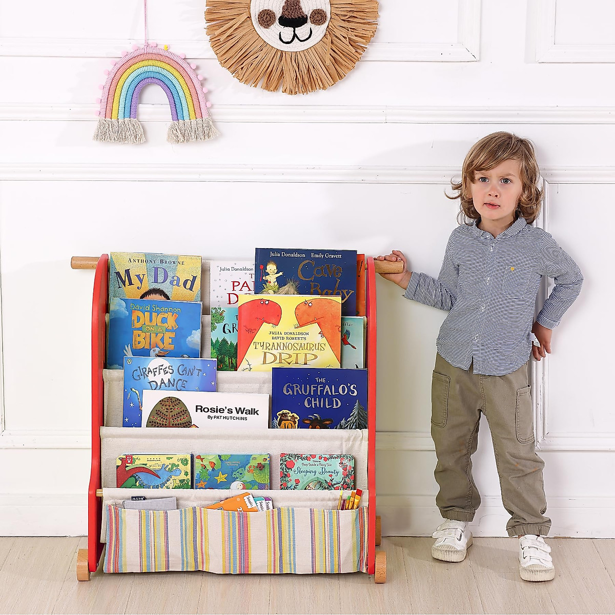 Bolocon Kids Car-Shaped 5-Tier Sling Book Rack Features Two Top Handles for Toddler Boys and Girls Gift,Storage Bookcase Bookshelf Organizer with Deep Canvas Sleeves (Racing Red)