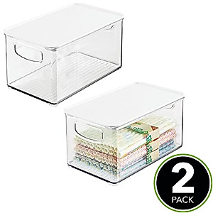 mDesign Plastic Deep Storage Bin Box Container with Lid and Built-In Handles - Organization for Fruit, Snacks, or Food in Kitchen Pantry, Cabinet, or Cupboard, Ligne Collection, 2 Pack, Clear/White