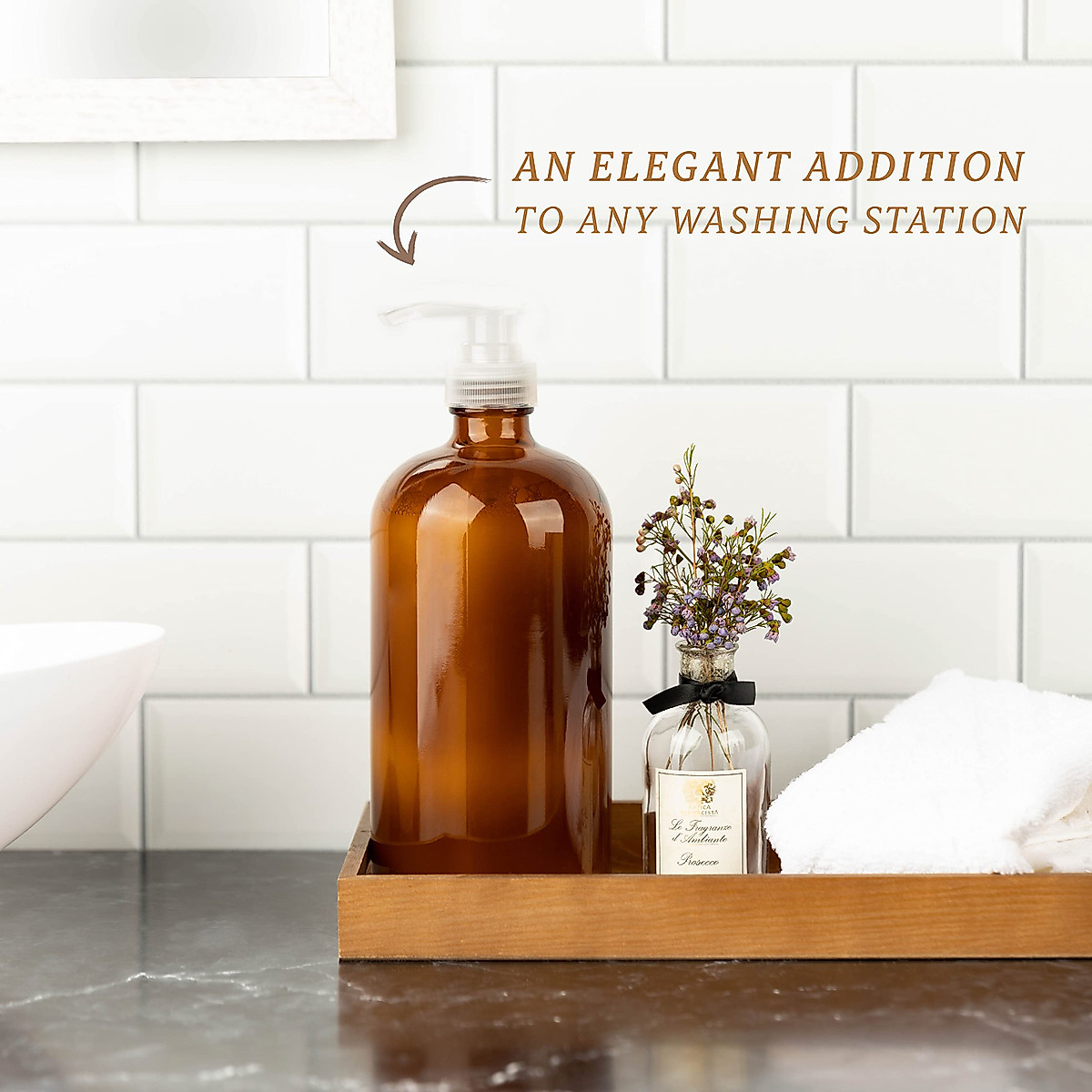 kitchentoolz 32 Ounce Large Amber Glass Boston Round Bottles w/Natural Color Pumps. Great for Lotions, Soaps, Laundry Detergent and Essential Oils - Food Safe and Medical Grade (Pack of 2)