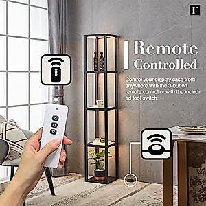 FENLO 66" Luxury Glass Display Shelf with Dimmable LED Floor Lamps, Sturdy Glass Shelves for Bedroom, Curio Cabinet with Glass Bookshelf Display Case, Floor Lamp with Shelves - Fantasy Black