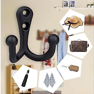 BIGLUFU Coat Hooks 6 Pack Heavy Duty Coats Hook Vintage Double Prong Wall Mounted with 12 Screws Retro Double Robe Hooks Utility Hooks for Coat, Scarf, Bag, Towel, Key, Cap, Cup, Hat (Black) (6 Pack)