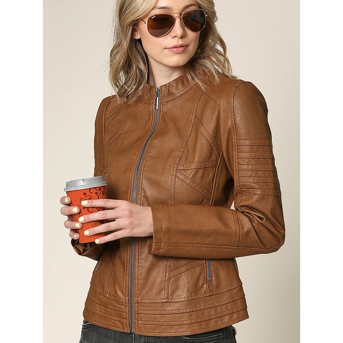 Lock and Love LL WJC746A Womens Vegan Leather Motorcycle Jacket XXL Camel