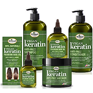 Difeel Vegan Keratin Anti-Frizz Hair Care 5-PC Set - Vegan Shampoo, Conditioner, Oils and Hair Mask