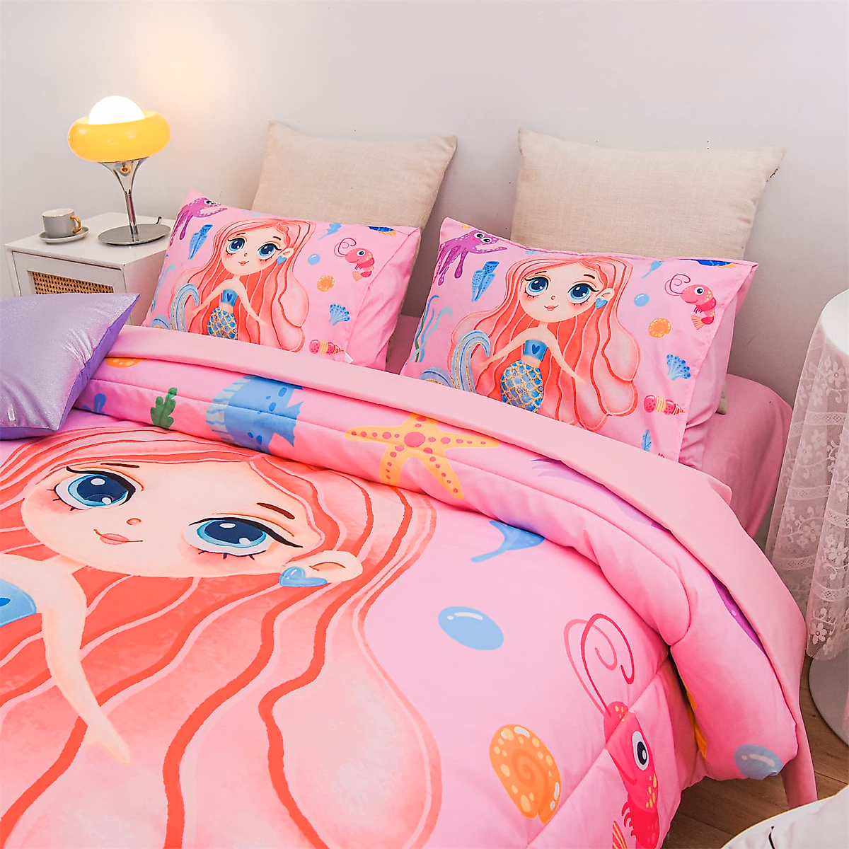 Aimuan Girls Tail Glitter Comforter Set for Women, Mermaid Fish Bedding Set 6Pcs in a Bag Pink Quilt Set for Girls Bedroom (Pink, Full 6Pcs)