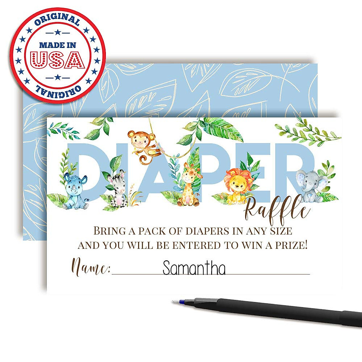 Watercolor Jungle Animals Diaper Raffle Tickets for Boy Baby Showers, 20 2" X 3” Double Sided Insert Cards for Games by AmandaCreation, Bring a Pack of Diapers to Win Favors & Prizes!