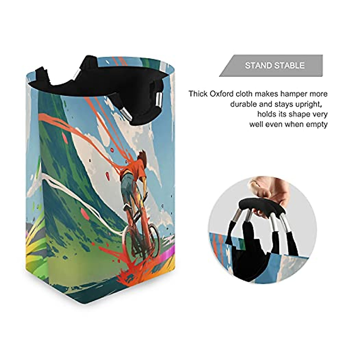 xigua Young Man Riding Bicycle With Colorful Energy Large Laundry Basket, Collapsible Clothes Hamper with Handles Tall Foldable Clothes Bag for Family Bedroom Bathroom Student Dormitory, 12.6 x 11 x 2