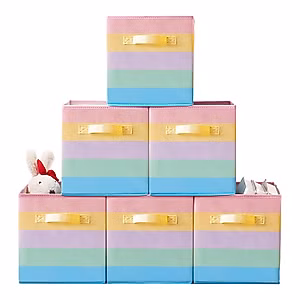 Lanrinwon 11 Inch Fabric Collapsible Storage Cubes,6 Pack Rainbow Colored Closet Storage Bins with 2 Handles Foldable Cube Baskets for Organizing Clothes, Toys, Books