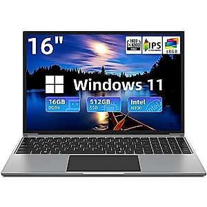 jumper 16" Laptop, Quad-Core Intel N100 CPU, 16GB DDR4 RAM 512GB SSD, FHD IPS Screen(1920x1200), Windows 11 Laptop Computer with Four Stereo Speakers, Dual Band-WiFi, BT4.0, 38WH Battery, Gray.
