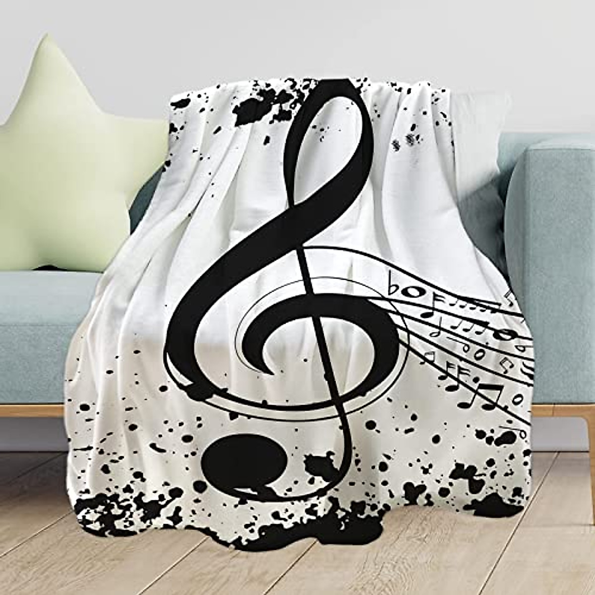 Music Note Throw Blanket, Super Soft Comfortable Bed Blanket, Luxury Fuzzy Cozy Warm Blanket for Sofa Couch Bed (Black White, Throw 50" x 60")