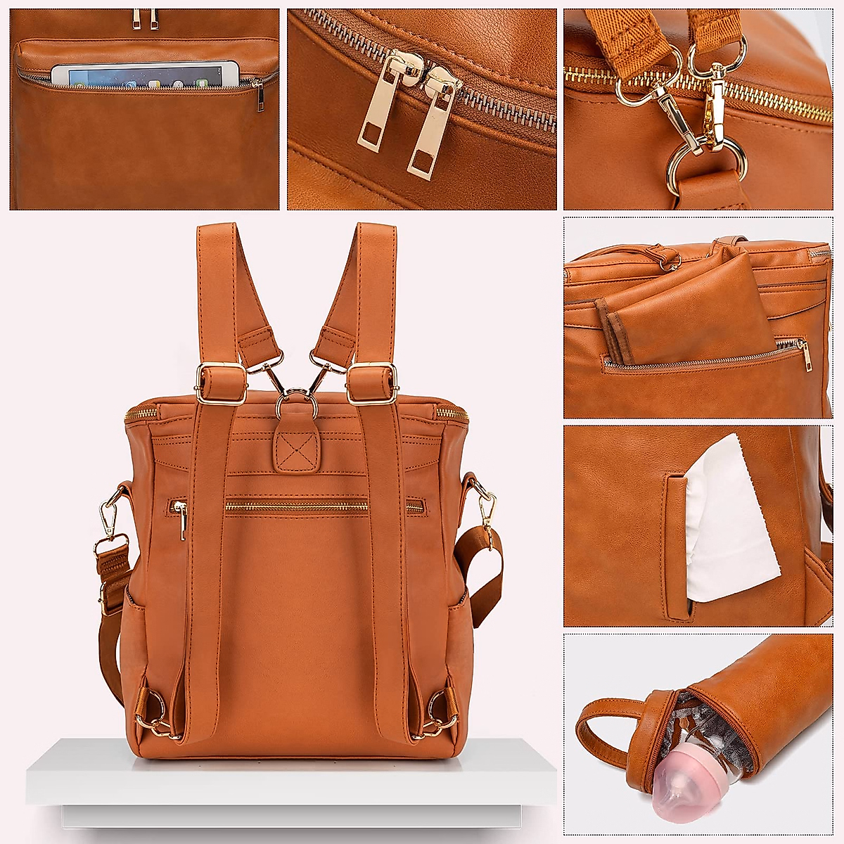 Minsong Diaper Bag Backpack,Fashion Leather Mommy Backpacks,Travel Toddler Baby Diaper Bags with in Bag Organizer and Changing Pad (Brown)