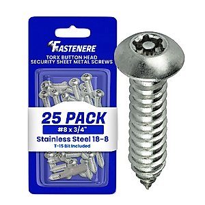 Fastenere Torx Security Sheet Metal Screws - #8 x 3/4" (25-Pack) Button Head, Tamper-Resistant, Anti Theft Stainless Steel Screws for Higher Level of Safety & Secure Fastening Solution