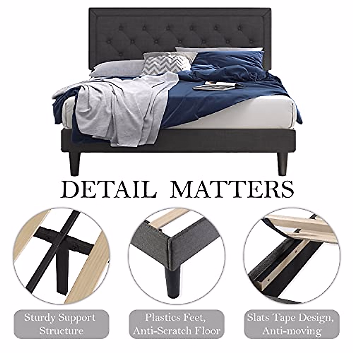 SHA CERLIN Queen Platform Bed Frame with Upholstered Headboard and Wood Slats, Fabric Rhombic Button Tufted Adjustable Headboard, No Box Spring Needed