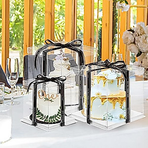 6 Sets Clear Cake Box with Cake Boards Ribbons, 10 Inch 8 Inch 7 Inch Multiple Sizes Transparent Cake Containers Pack Baking Box for Wedding Birthday Anniversary Portable Tall Layer Bakery Box (Black)