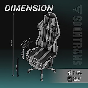 Soontrans Grey Gaming Chair with Footrest,Racing Ergonomic Massage Gaming Chairs for Adults Work in Office,Height Adjustable Gamer Chair,360° Swivel PC Computer Chair,Reclining Silla Gamer