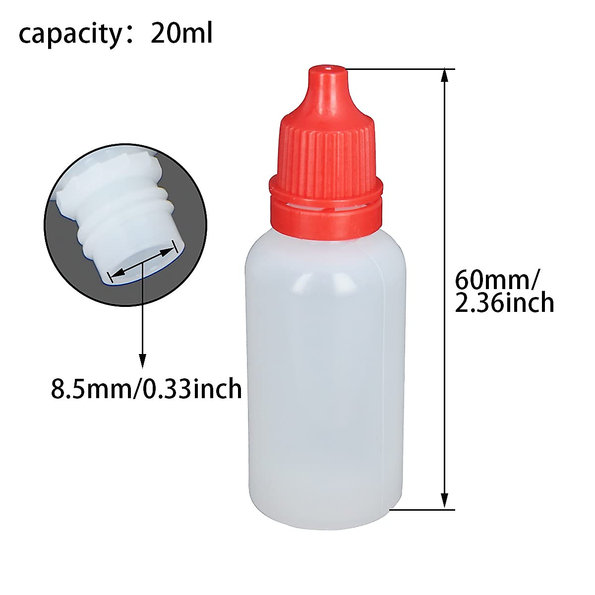 Bettomshin 5Pcs Wide Mouth Reagent Bottles, 60x26x8mm/2.36x1.02x0.31(LxODxID) 20ml PE Plastic Liquid Sealing Bottle, Cylinder Light Mouth Container Lab Sample Storage White Translucent with Red Cap