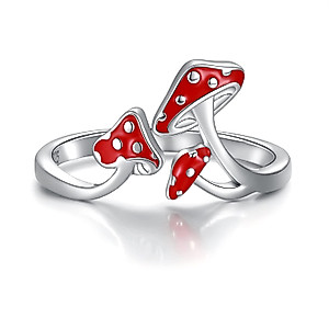 Cute Mushroom Gifts for Women - 925 Sterling Silver Magical Red Mushroom Ring Gifts for Women