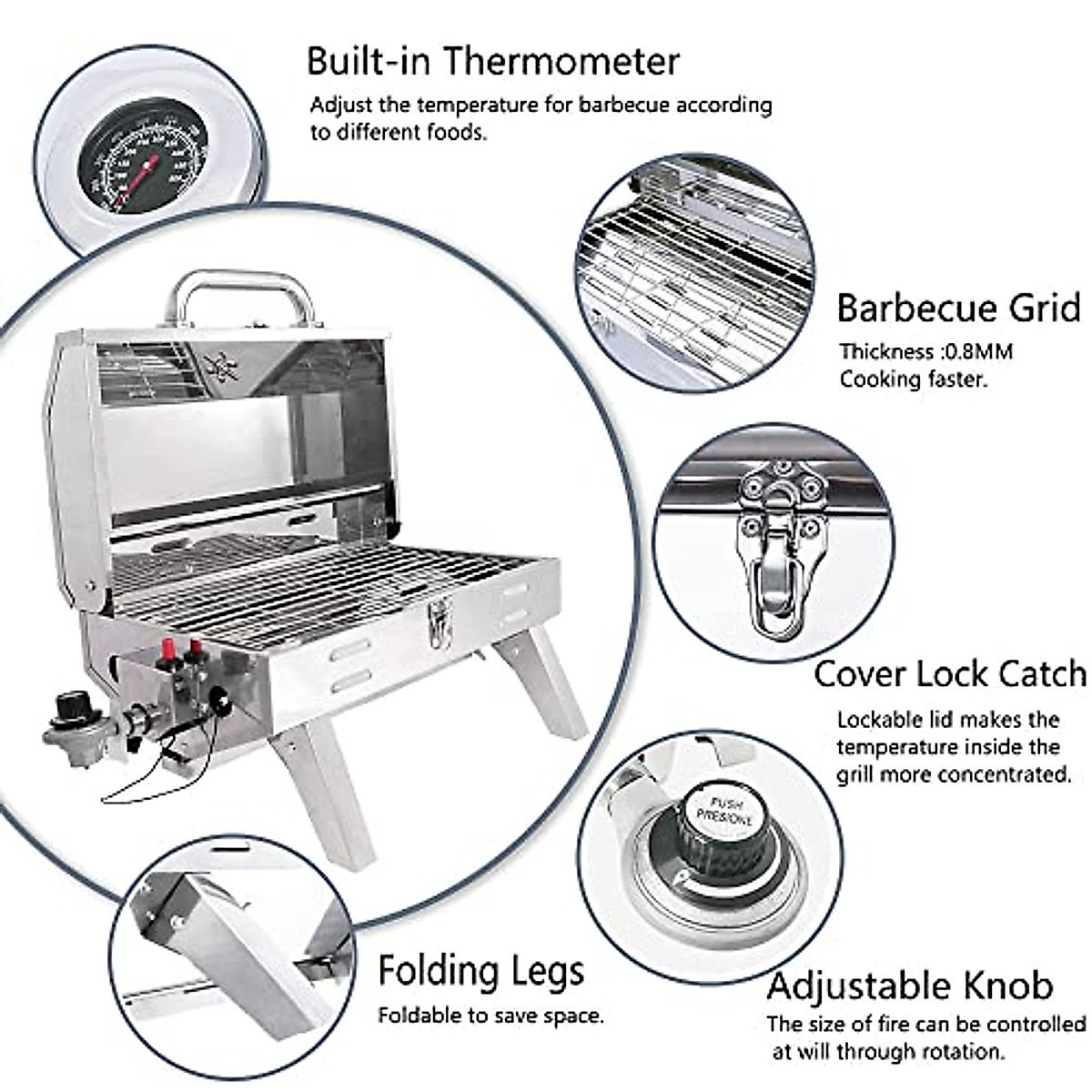 Supllueer Tabletop Propane Grill, Stainless Steel Professional Gas Grill 20,000 BTU BBQ Tabletop Gas Grill for Outdoor Cooking Patio Garden BBQ Picnic