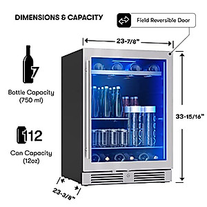 Zephyr Presrv 24" Wine Fridge & Beverage Refrigerator Single Zone Under Counter - Mini Wine Cooler Cellars Small Beer Fridge Cabinet Drink Chiller Freestanding Wine Beverage Cooler,13 Bottles, 84 Cans