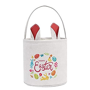 E-FirstFeeling Easter Basket Easter Bunny Basket for Kids Easter Eggs Hunt Baskets with Rabbit Ears Candy Bucket Tote for Easter Party (Light Gray)