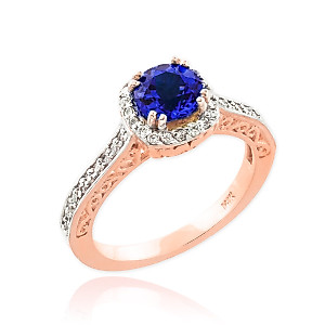 14k Rose Gold Diamond Halo September Birthstone Band Blue Sapphire Engagement Ring (1.24 cttw, SI1-SI2 Clarity, G-H Color)
