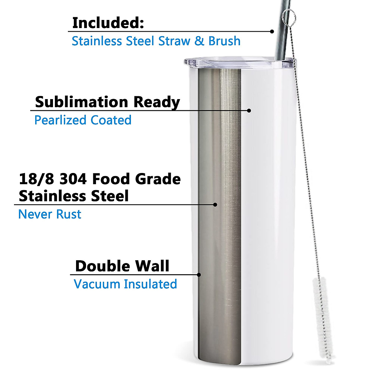 ProSub 20oz Straight Skinny Tumbler AAA Sublimation Blanks White - 12 Pack with Lids, Straws, Base Pads, White Boxes