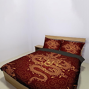 Gearider Dragon Bedding Chinese Style Duvet Cover Set Queen Size 3pc Luxury Bedding Soft Red Quilt Duvet Cover with Zipper Closure