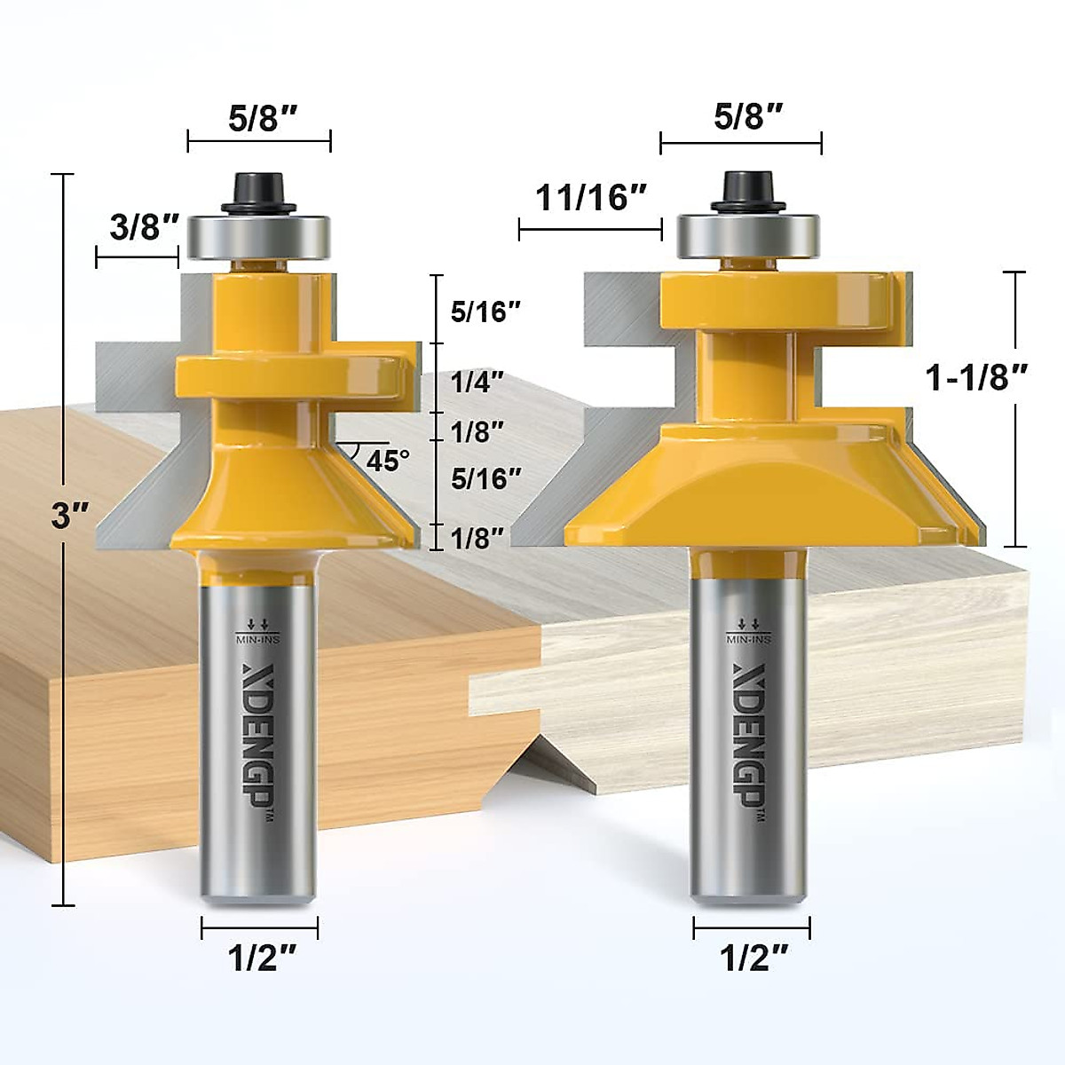 XDENGP 2 PCS 1/2 Inch Shank Tongue and Groove Router Bit Set Flooring, Shaker Style Tongue Groove V Notch Wainscotting Boards Panel and Flooring Matched Edge Banding Milling Router Bit Set Complete