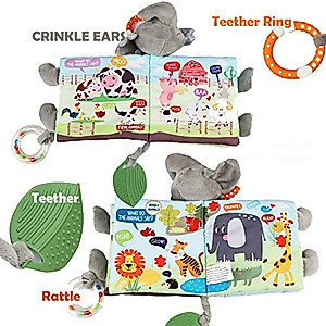 Baby Books Toys,Soft Cloth Crinkle Books for Babies Infants Toddler, Elephant Baby Gifts Teething Toys, Jungle Education Bunny Toys for 0-6 Months 1 Year Old Boy Girl,Stuffed Plush Book Touch and Feel
