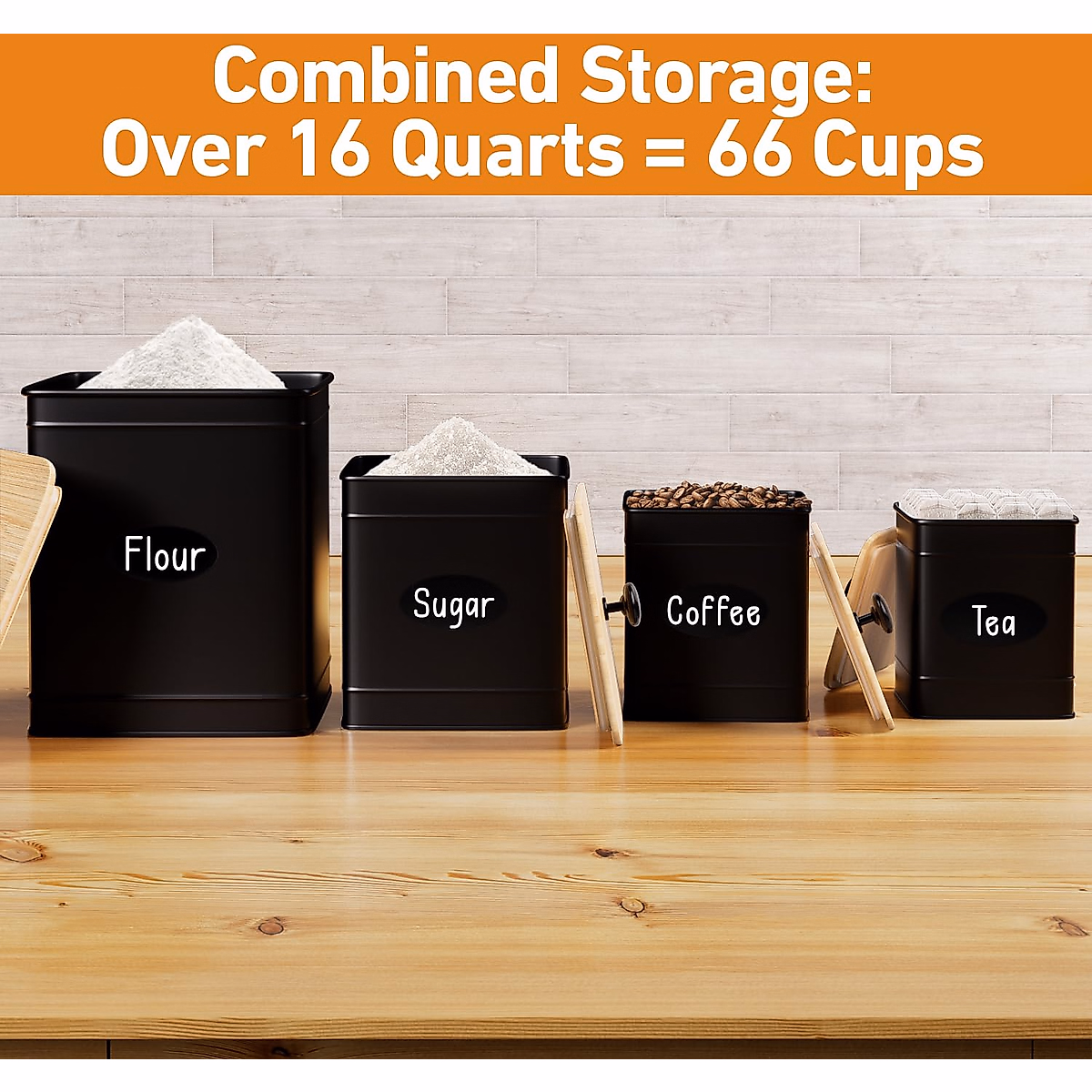 Kitchen Canisters for Countertop Set of 4 with Customizable Chalkboard Labels & Marker Pen - Big Iron Kitchen Canisters with Airtight Lids - Canisters Sets for the Kitchen - Black Kitchen Canister Set