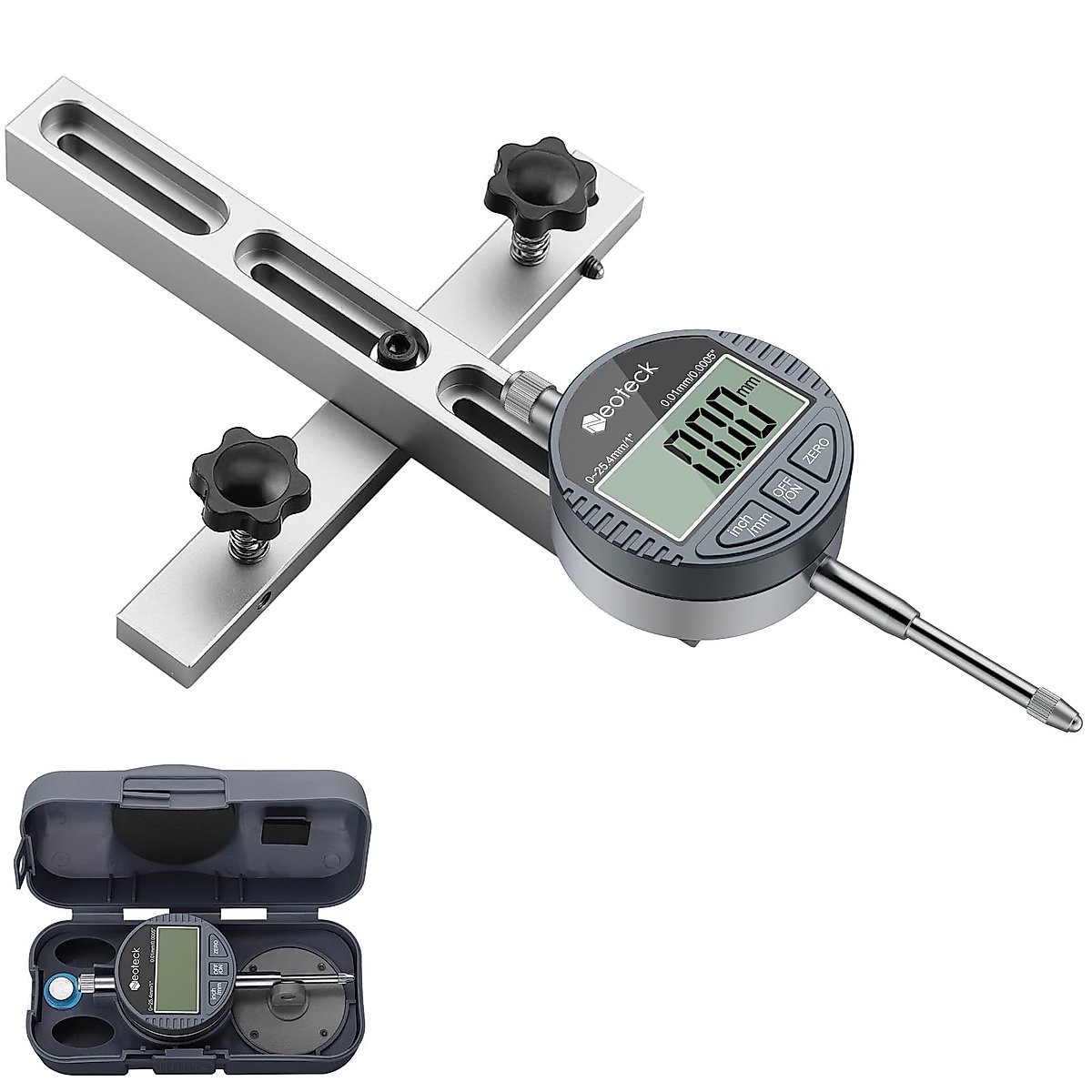 Neoteck 0-1'' Digital Dial Indicator Table Saw Gauge Suitable for Table Saws with a Groove Width of 3/4" (19mm) or more for Aligning and Calibrating Work,Shop Machinery,Band Saw and Drill Press-Silver