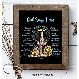 Positive Affirmations Black Wall Art - Inspirational Bible Verses Religious God Decor - Spiritual Christian Scripture Poster - African American Women, Black Woman, Girls - I Am - Encouragement Gifts