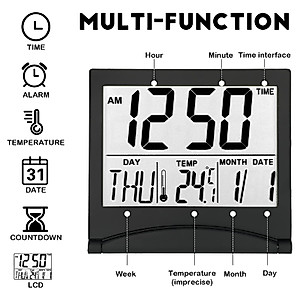 Hicarer 2 Pieces Digital Travel Alarm Clock Battery Operated Foldable LCD Clock with Calendar Temperature Snooze Mode Multifunction Small Desk Clock Portable Clock Large Display Desk Clock(Black)