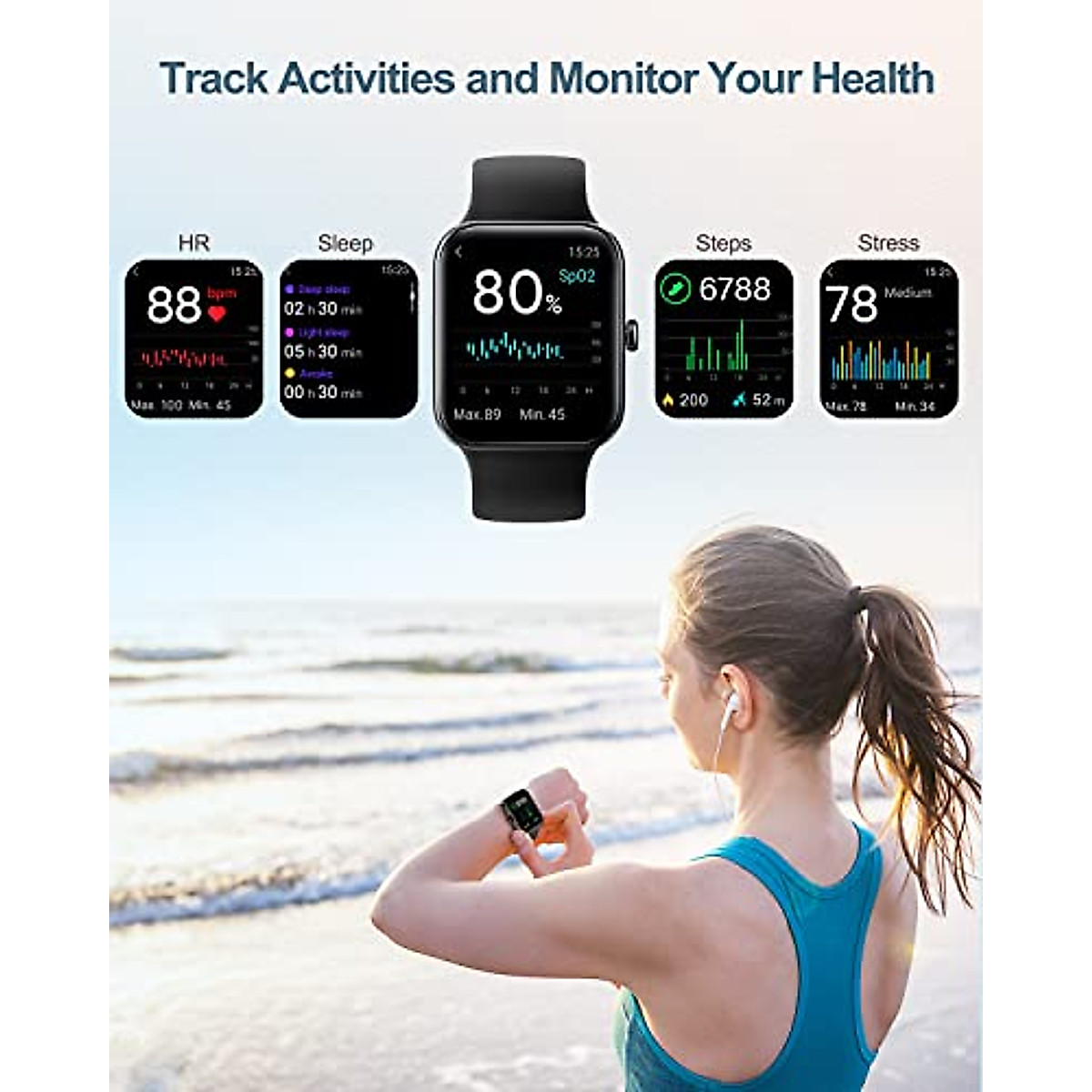 Smart Watch, Fitness Tracker with 24/7 Heart Rate Blood Oxygen Sleep Tracker, 5ATM Swimming Waterproof, Step Calorie Counter, 1.7" Touch creen Smartwatch for Men Women iPhone iOS Android