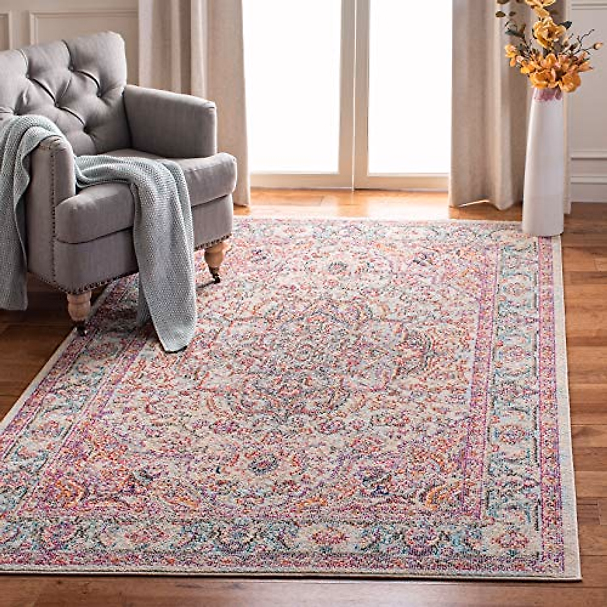 SAFAVIEH Madison Collection 8' x 10' Beige / Fuchsia MAD259B Shabby Chic Medallion Distressed Non-Shedding Living Room Bedroom Dining Home Office Area Rug