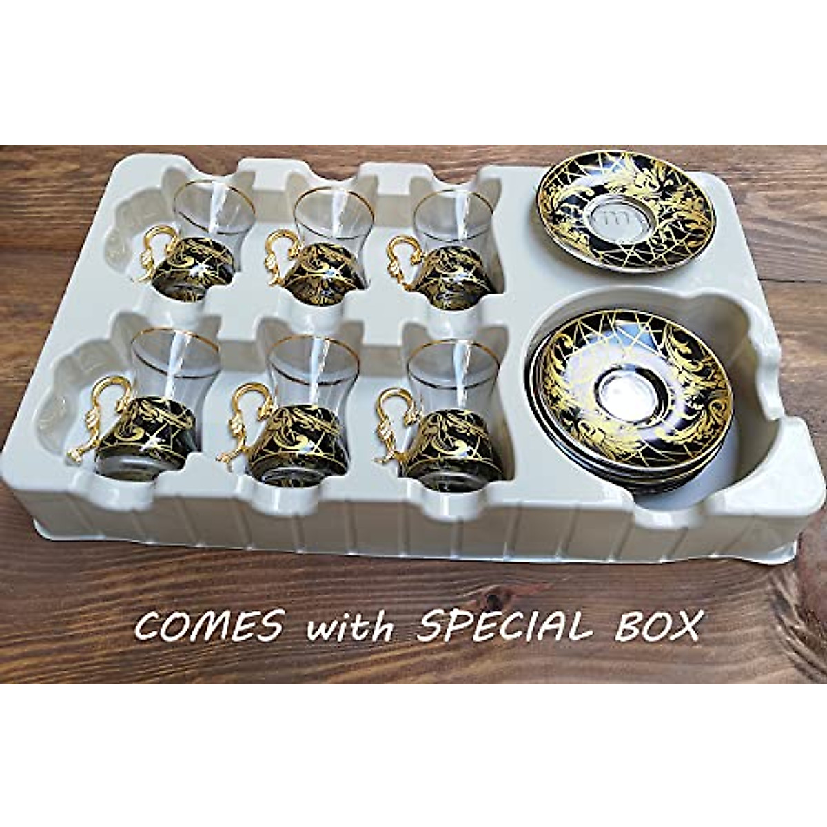 Vissmarta Gold Vintage Turkish Tea Glasses Cups and Saucers Set of 6 Drinking Glassware Party Adults Fancy Serving Coffee Tray Drinks Kettle Women Christmas Gift Teacup Handle Moroccan Drinkware Rim