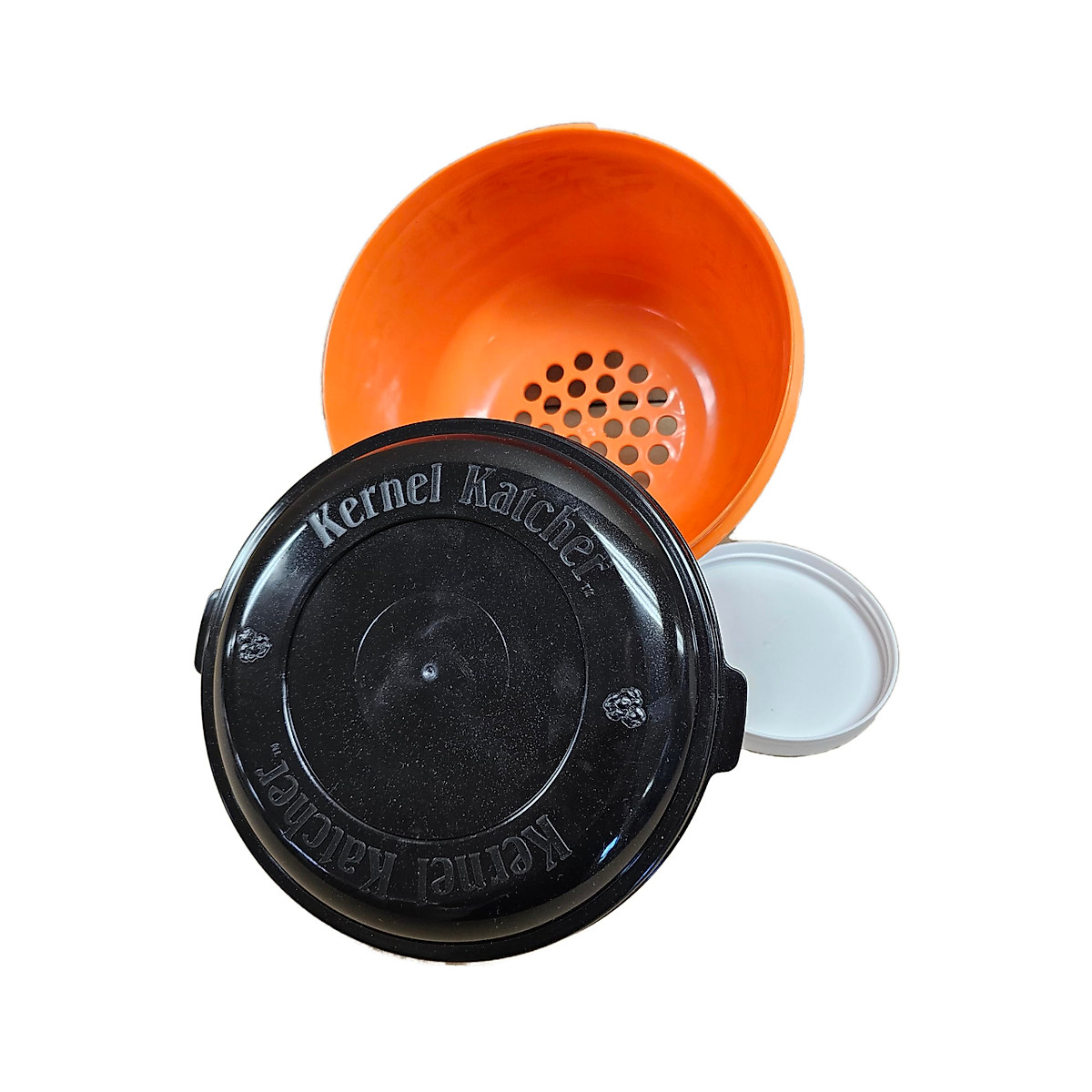 APSI Store Kernel Katcher Popcorn Bowl Set - Popcorn Sifter Shaker Kernel Catcher and Separator, Large and Reusable With Lid, Dishwasher Safe, Recycled Plastic with Handle (Orange and Black)