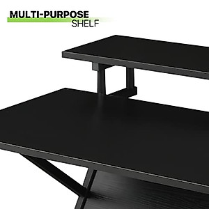 Magshion Computer Desk with Monitor Shelf 3 Tier Z-Shape Leg Frame Black Home Office Writing Study Black Table Workstation Table