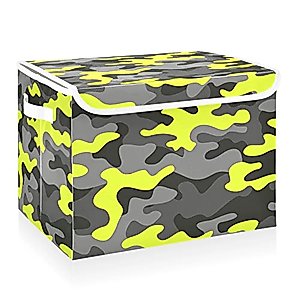 CaTaKu Camouflage Art Green Storage Bins with Lids and Handles, Fabric Large Storage Container Cube Basket with Lid Decorative Storage Boxes for Organizing Clothes