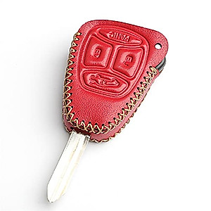 WFMJ Leather for 2006 2007 Jeep Grand Cherokee Dodge Chrysler Magnum Durango Charger 300 Remote 4 Buttons Key Case Holder Cover Fob Chain (Red)
