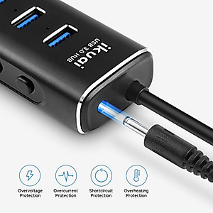 Powered USB 3.0 Hub, ikuai 7-Port 3.0 Data Aluminum USB Hub Splitter with 24W AC Adapter and 3.3ft Extended Long Cable for PC, Laptop, PS4, HDD, Flash Drive