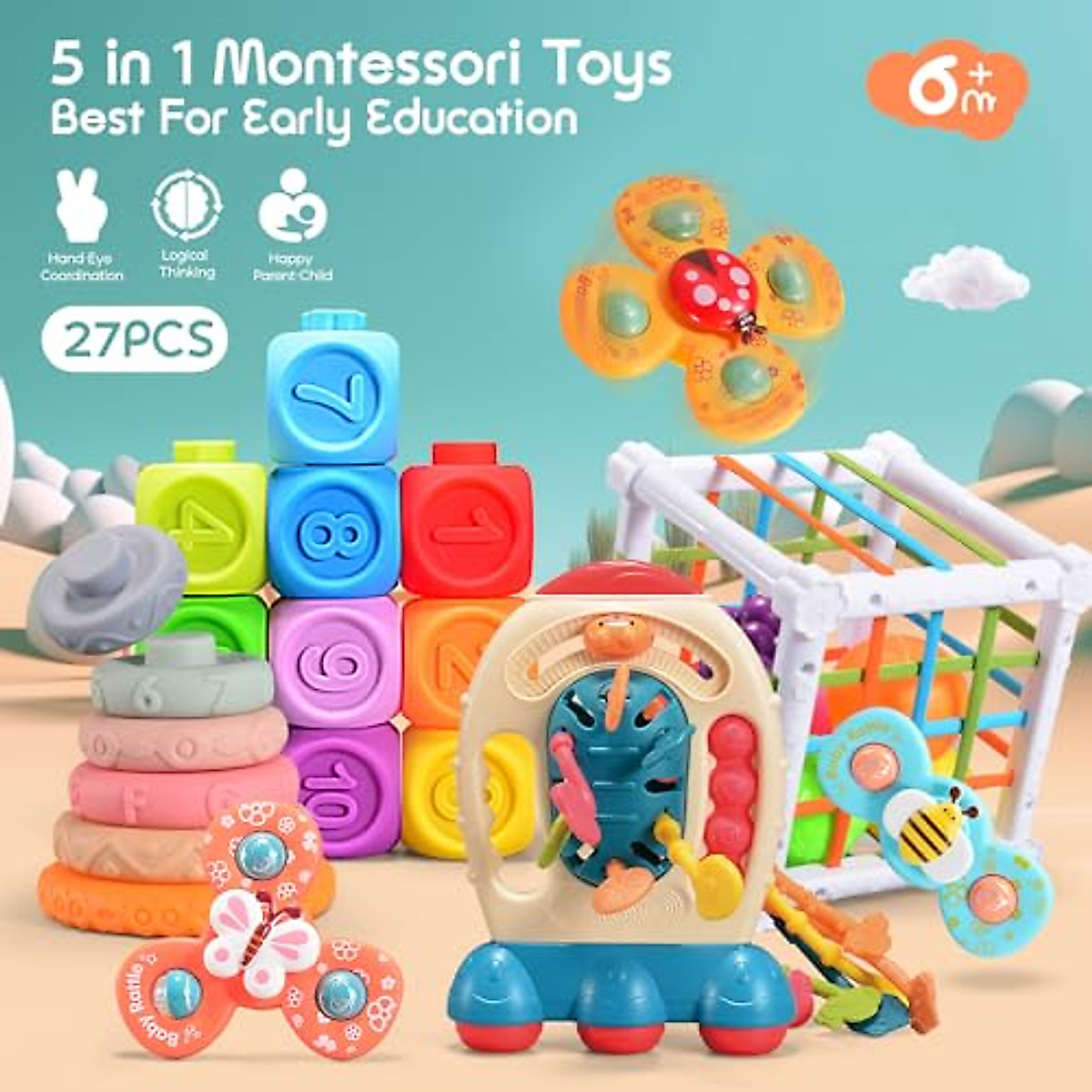 Hamiface 5 in 1 Baby Montessori Toys Set 6 Months and Up Toddler Toys Including Baby Blocks, Pull String Toy, Soft Stacking Rings, Sensory Toys for 1 2 3 4 5 6 Year Old Boys Girls