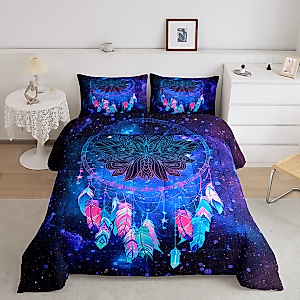 Castle Fairy Dream Catcher Comforter Set,Moon Star Galaxy Starry Sky Bedding Set Kids Teens Modern Decor,Bohemian Lotus Comforter with 1 Pillowcase for All Seasons,Twin