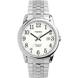 Timex Men's Easy Reader 38mm Perfect Fit Watch – Silver-Tone Case White Dial with Silver-Tone Expansion Band