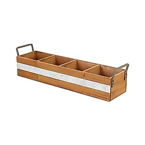 Cheung's FP-3879BR Dark Brown Wooden 4 Slot Storage Caddy with Side Metal Handles and Center Galvanized Accent