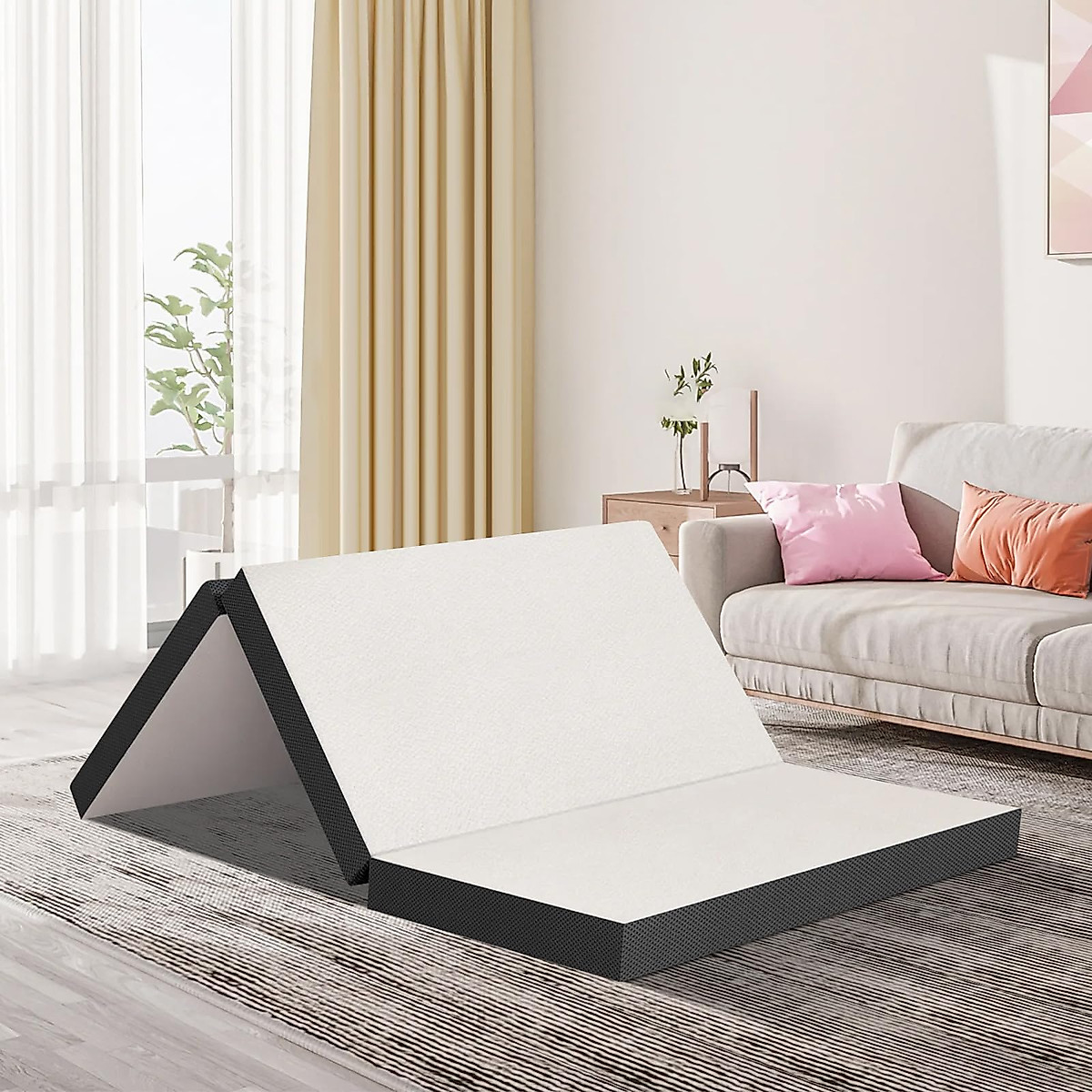 4 inch Folding Memory Foam Mattress Tri Fold Mattress with Washable Mesh Cover, Portable Mattress Topper Non-Slip Bottom Camping Guest Bed Breathable Memory Foam Topper, CertiPUR-US Certified, Queen