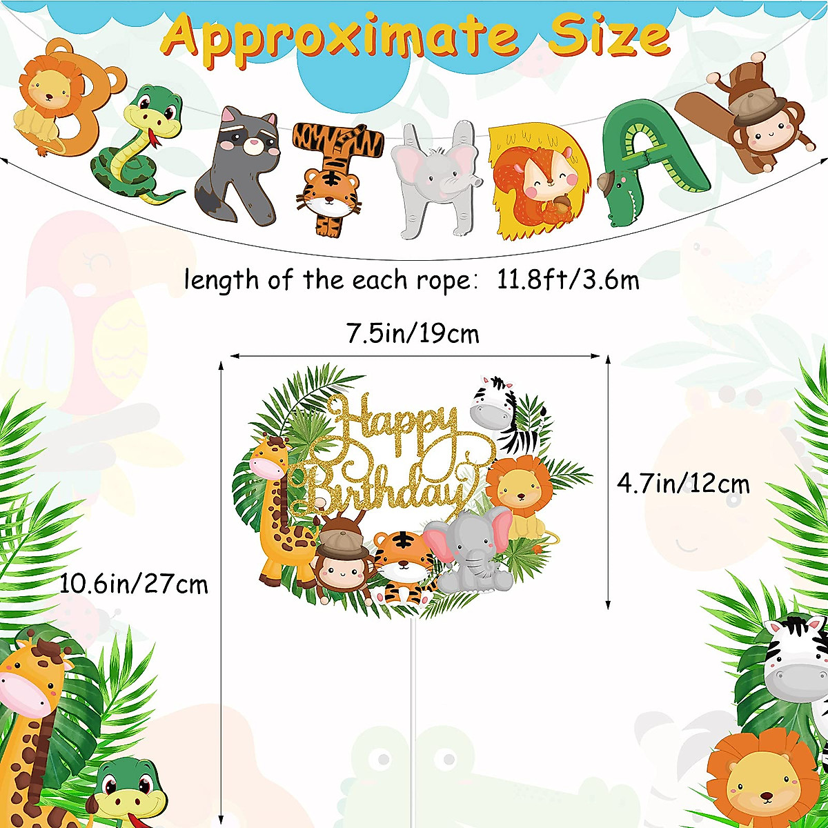 2 Pieces Safari Animals Happy Birthday Banner Cupcake Topper Jungle Theme Birthday Supplies, Safari Birthday Decorations Safari Baby Shower Decorations for Two Wild Theme Party Birthday Party Supplies