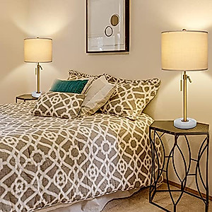 Lamp Modern Set of 2: 22" to 30" Height Adjustable Pull Chain Switch for Living Room Bedroom End Table, Marble Base White Linen Shade Golden Pole Nightstand Lamp Brass for Office, Bedside Table