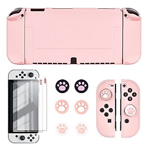 DLseego Switch OLED Protective Case Dockable Hard Shell Anti-Scratch Cover Joycon Accessory Skin with 6PCS Thumb Grips Caps and 2Pc Screen Protectors - Pink