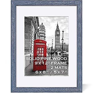 9x12 Picture Frames Blue Solid Wood Display Pictures 6x8 or 5x7 with Mat or 9x12 without Mat - Farmhouse Distressed 9 x 12 Inch Photo Frame with 2 Mats Wall Mounting or Table Top - Set of 1…