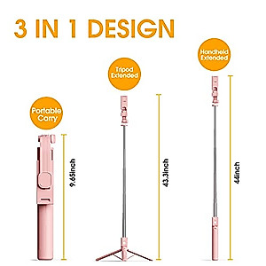 Selfie Stick Tripod with Remote 44 inch Bluetooth Selfie Stick Wireless Extendable Upgrade Portable Lightweight Tripod for iPhone 14 13 12 11 Pro Max Samsung Galaxy S22 S21 Android (Pink)